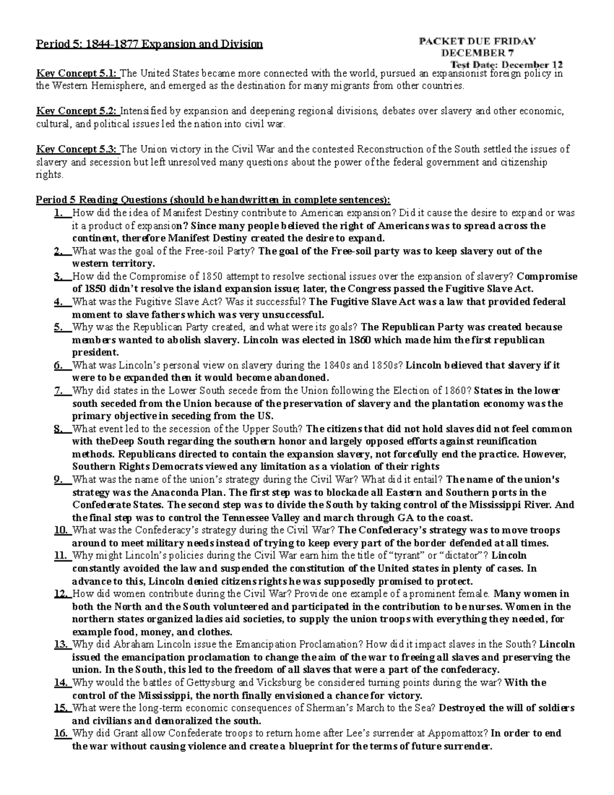 Period 5 Packet - Period 5: 1844-1877 Expansion and Division Key ...
