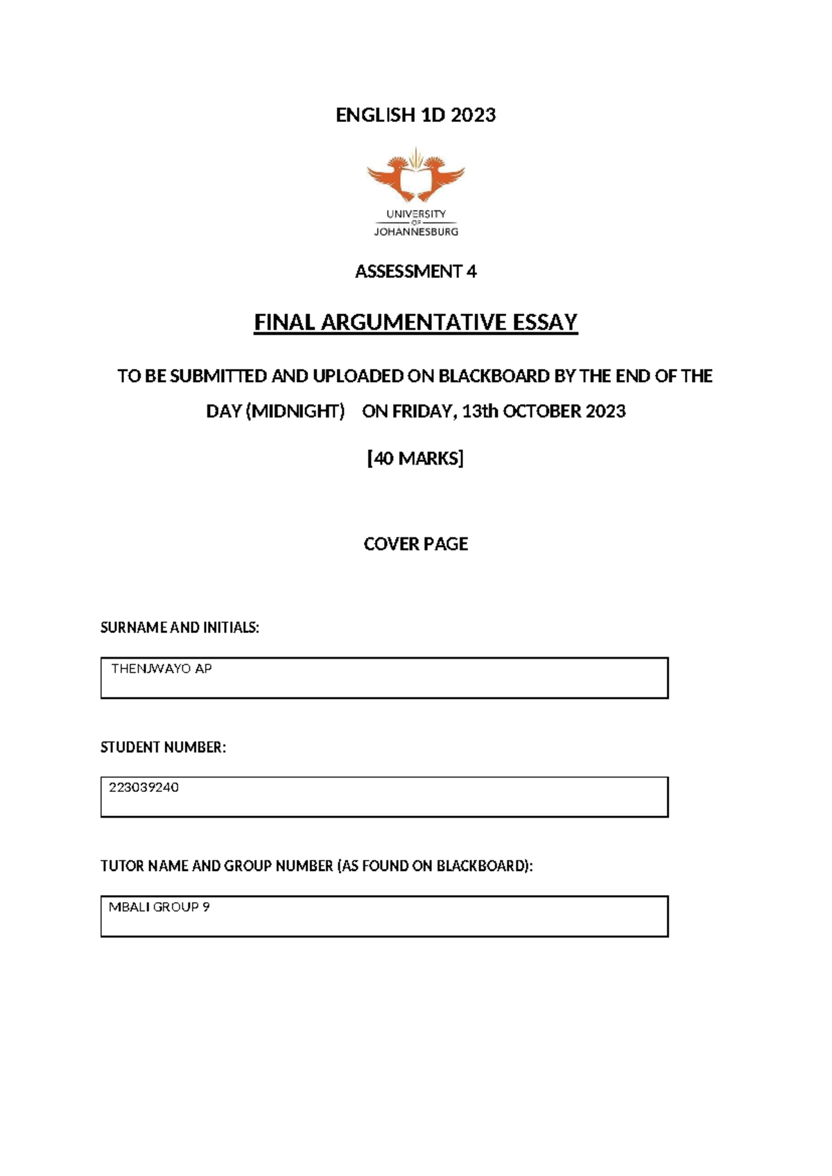 Last assIGNMENT for eng - ENGLISH 1D 2023 ASSESSMENT 4 FINAL ...