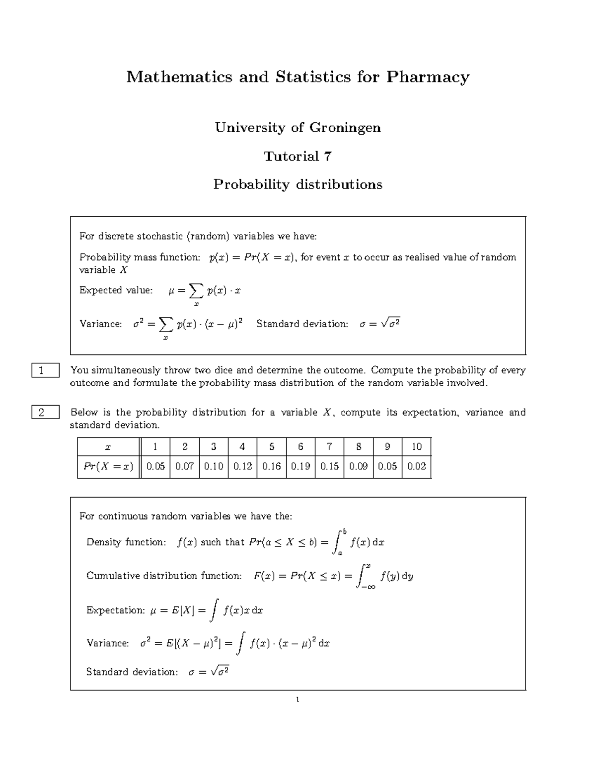 Math Stat Tutorial 7 - Mathematics and Statistics for Pharmacy ...