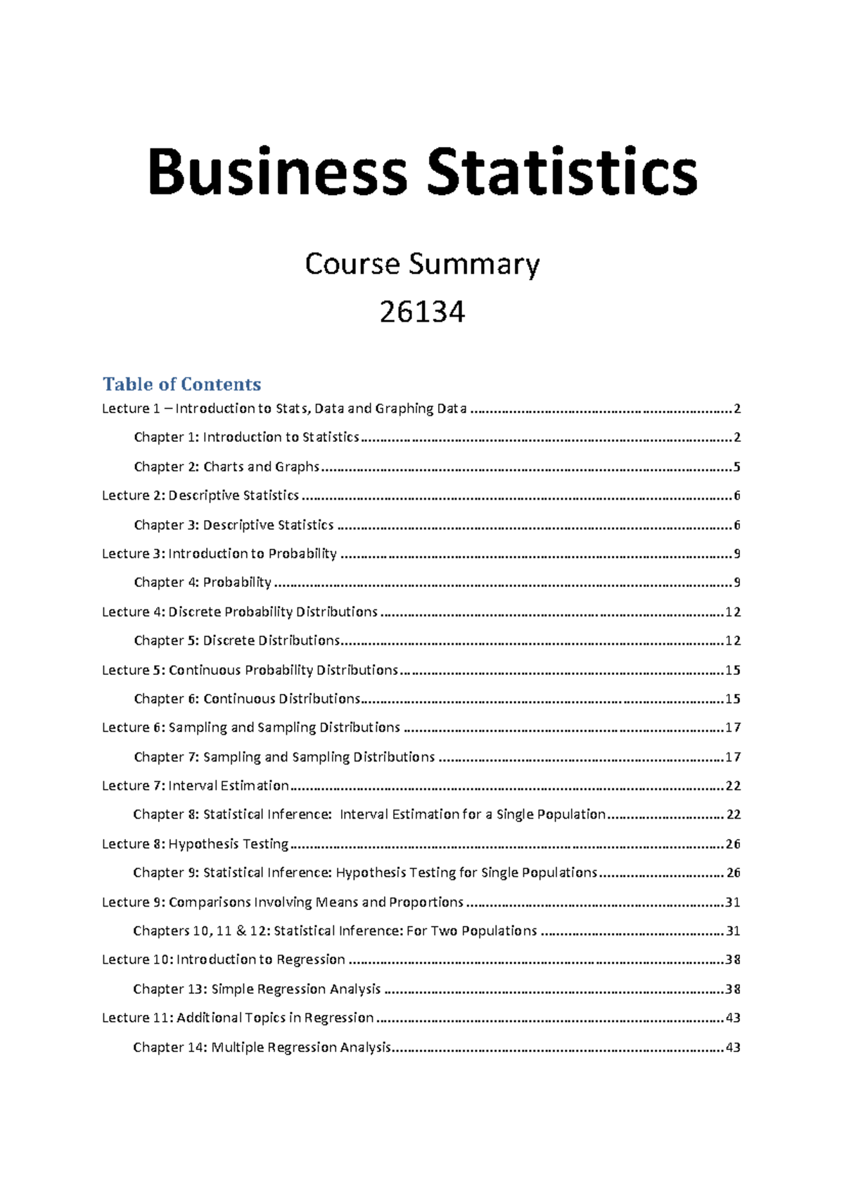 Bstats-notes - BSTATS NOTES - Course Summary - Lecture 1 – Introduction ...