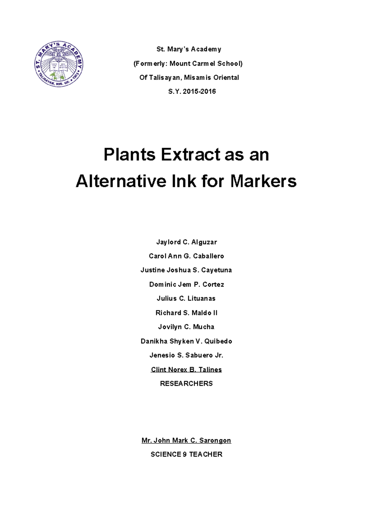 Plants Extract as an Alternative Ink for - St. Mary’s Academy (Formerly ...