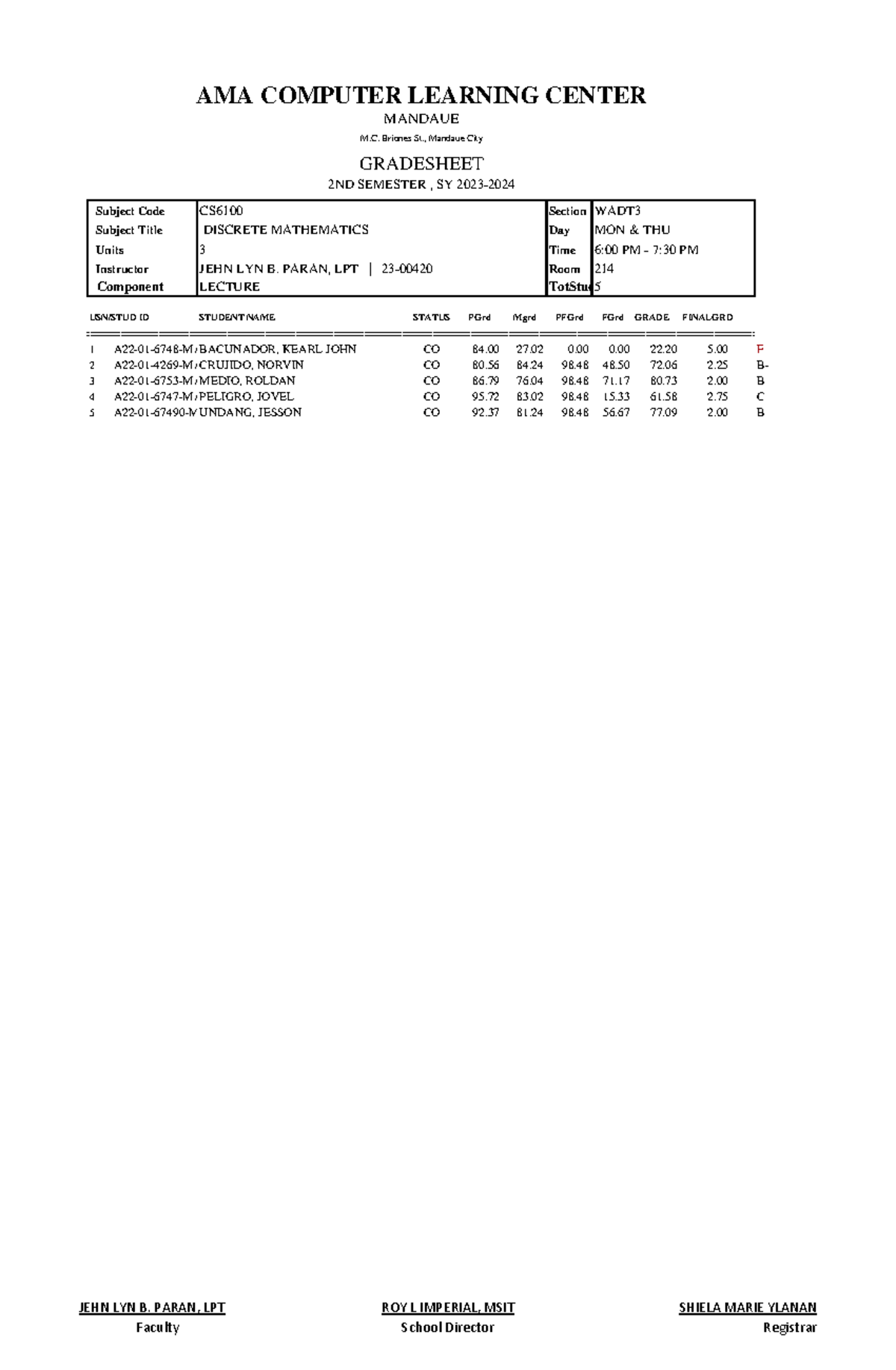 WADT(6-730) - Discrete Mathematics - Section Day Time Room LECTURE ...