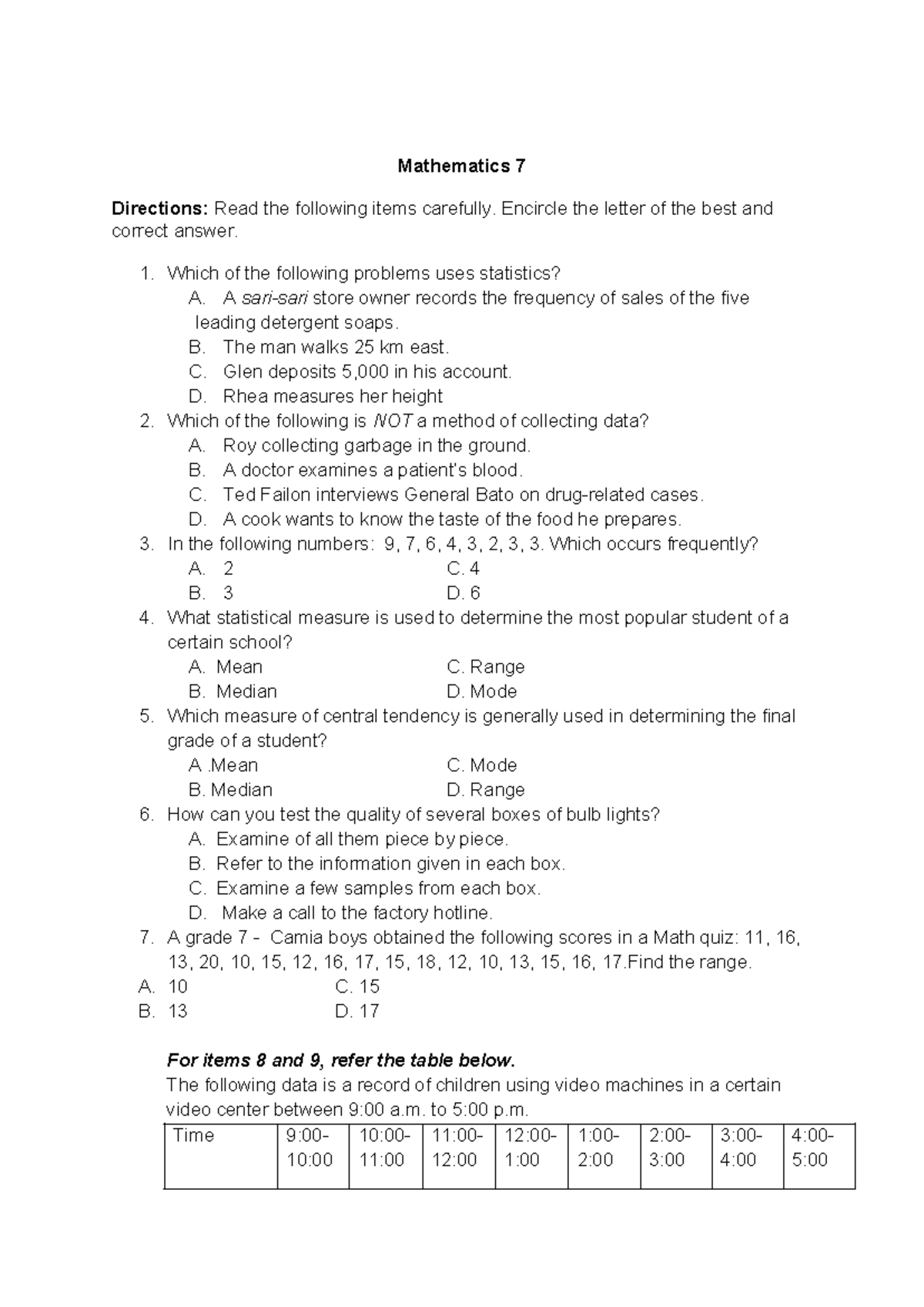 Summative-4th-quarter - Mathematics 7 Directions: Read the following ...