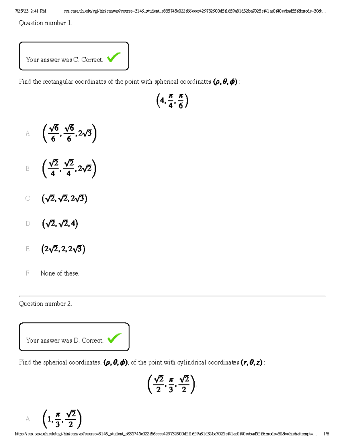 MATH 2415 Quiz 17 - Sections 15.8-9 - Question number 1. Your answer ...