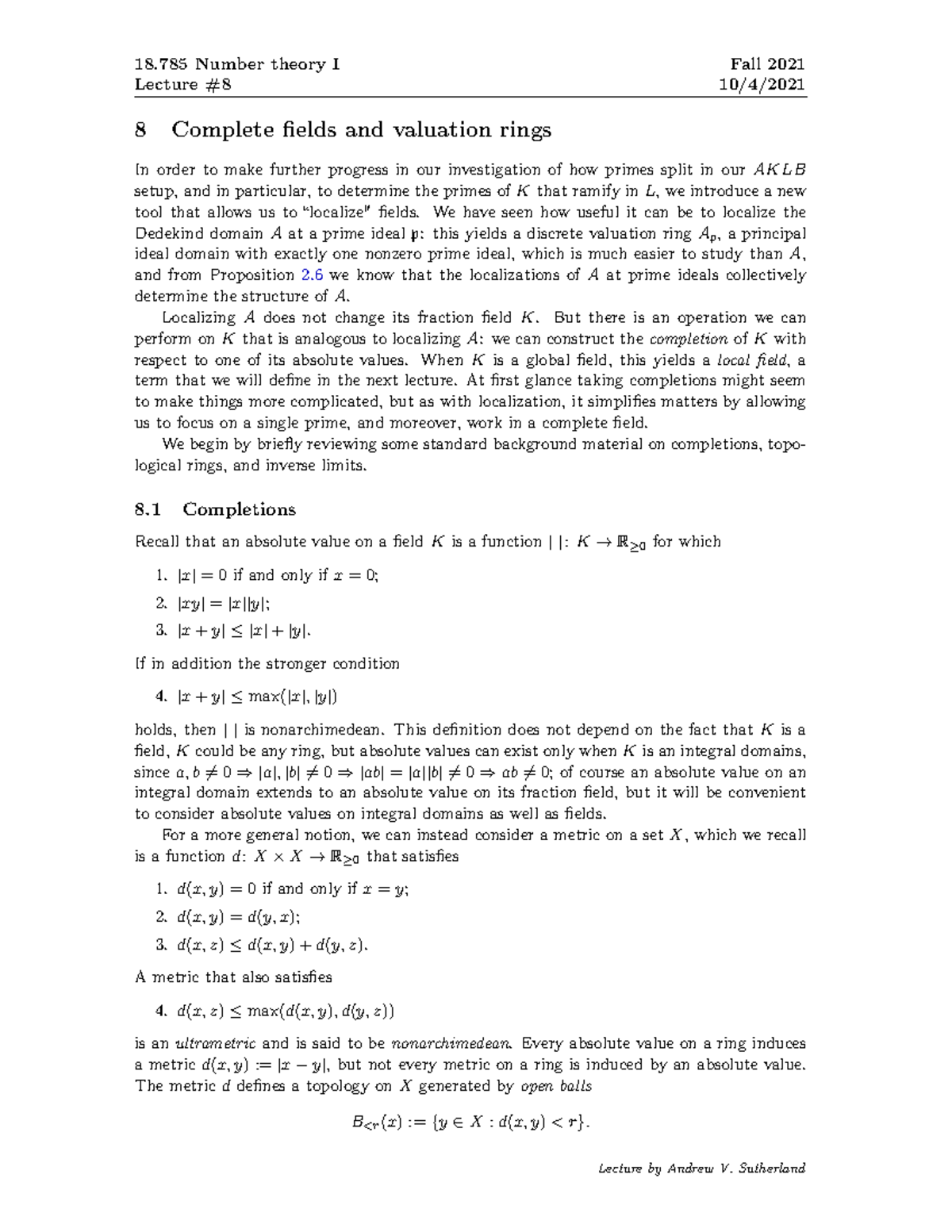 Number Theory I Lecture 8 - 18 Number theory I Lecture # Fall 2021 10/4 ...