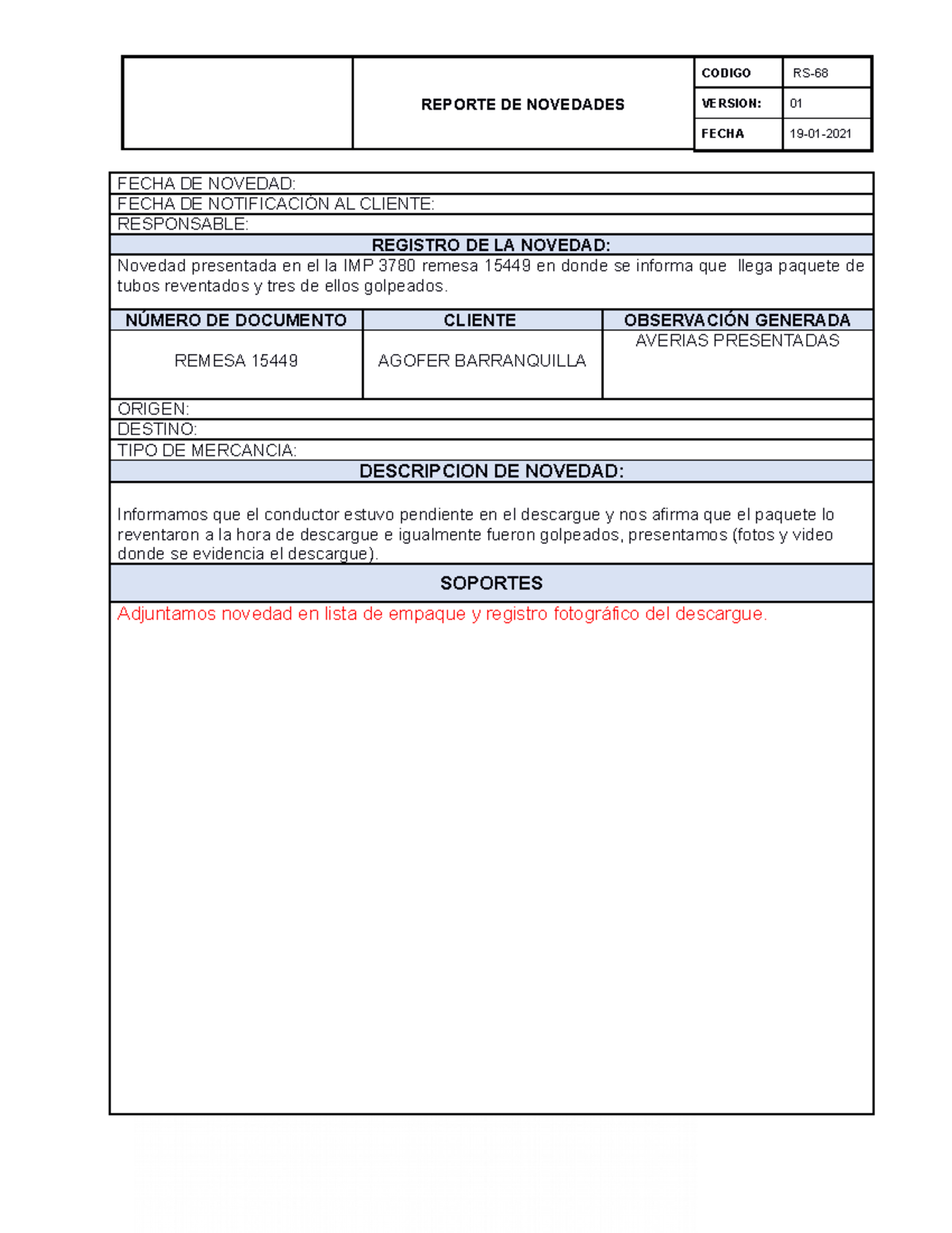 RS-68 Reporte DE Novedades - REPORTE DE NOVEDADES CODIGO RS- VERSION ...