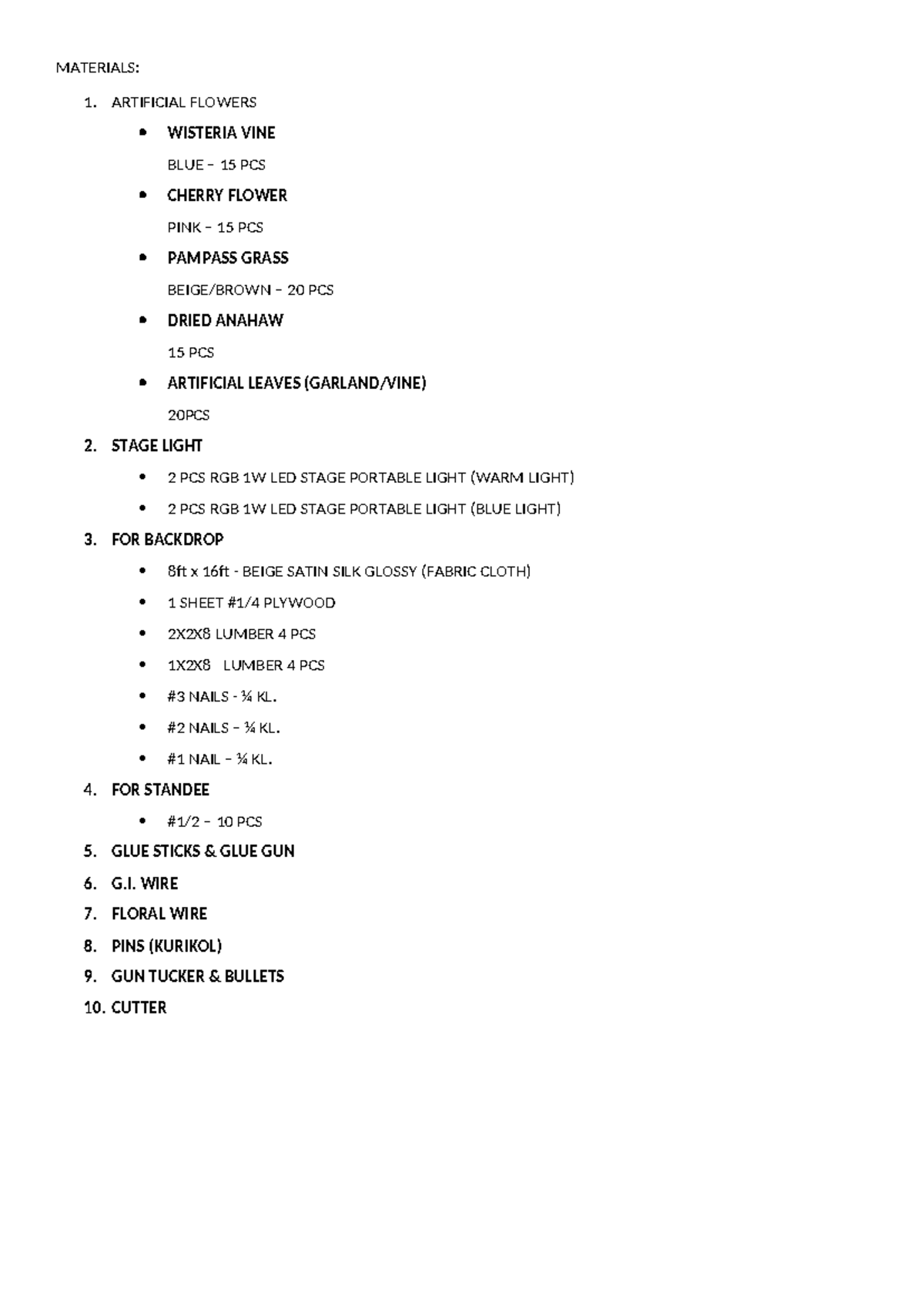 Stagematerials - sharing our stage materials - MATERIALS: 1. ARTIFICIAL ...