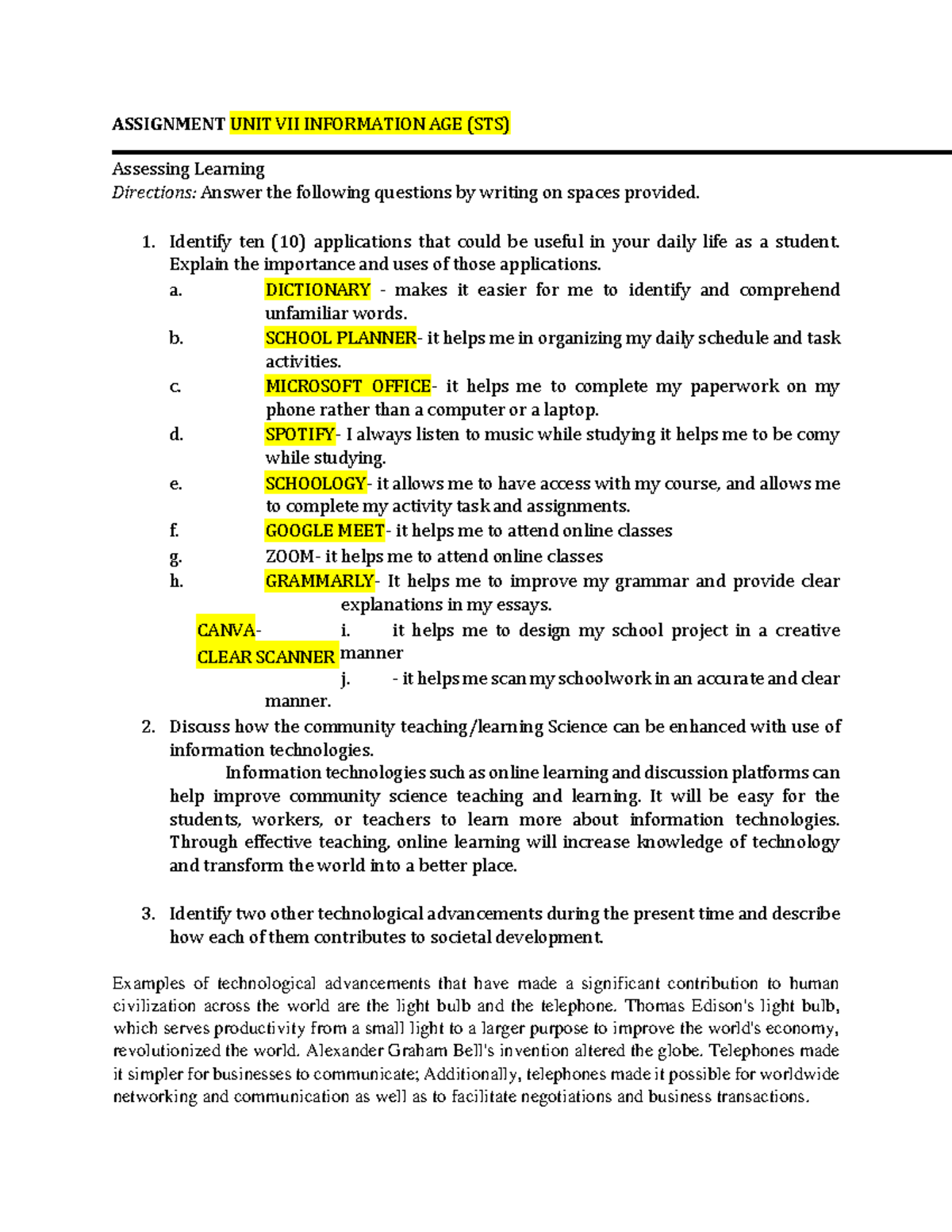 Assignment UNIT VII Information AGE - ASSIGNMENT UNIT VII INFORMATION AGE (STS) Assessing ...
