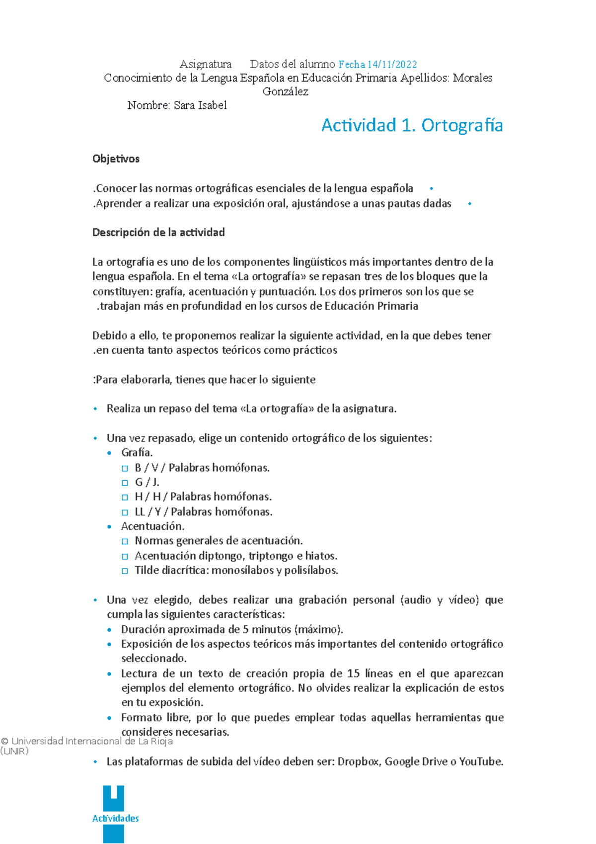 Ortografía - Tarea de Lengua - Asignatura Datos del alumno Fecha 14/11 ...