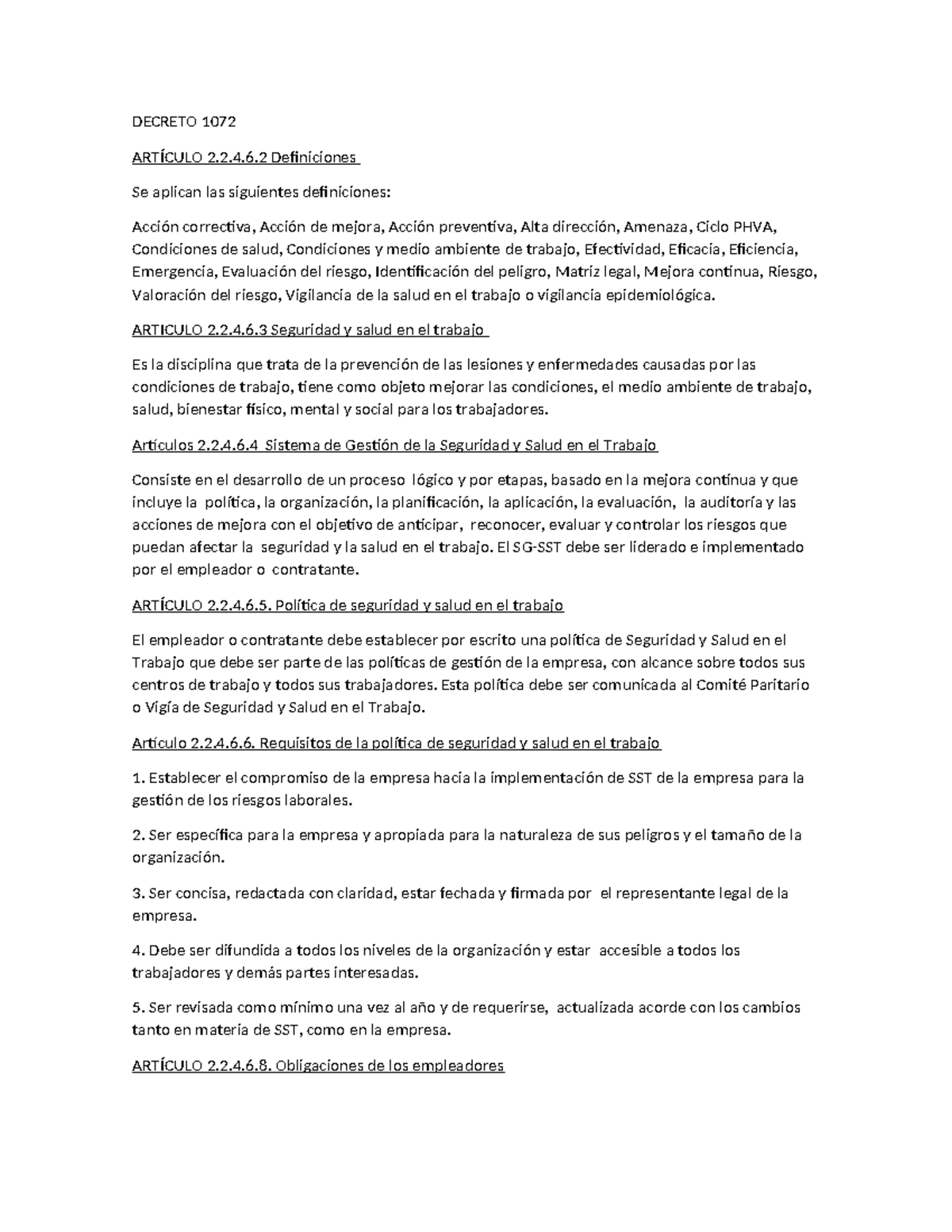 0965 ley - mkmkñm - DECRETO 1072 ARTÍCULO 2.2.4.6 Definiciones Se ...