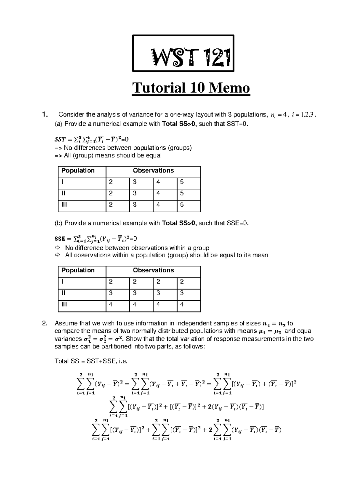 Tutorial 10 Memo-1 - Note - WST 121 Tutorial 10 Memo 1. Consider the analysis of variance for a ...