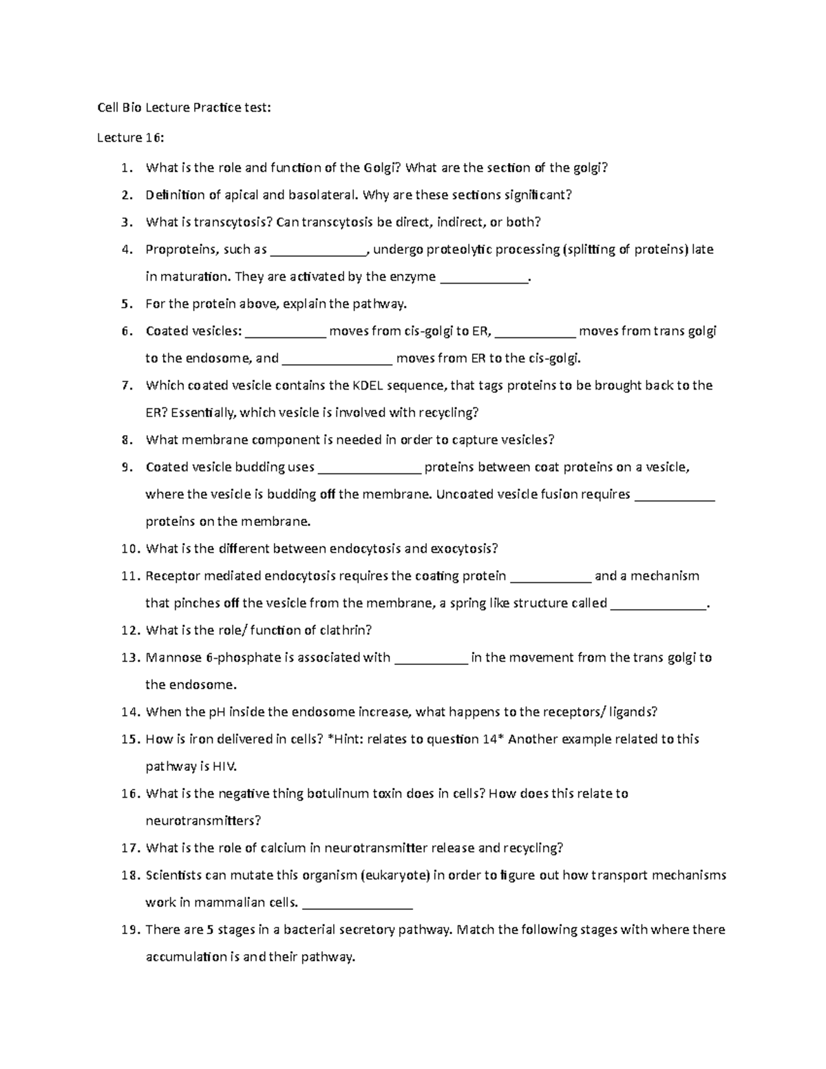 Cell bio lecture 16 and 17 practice test - Cell Bio Lecture Practice ...