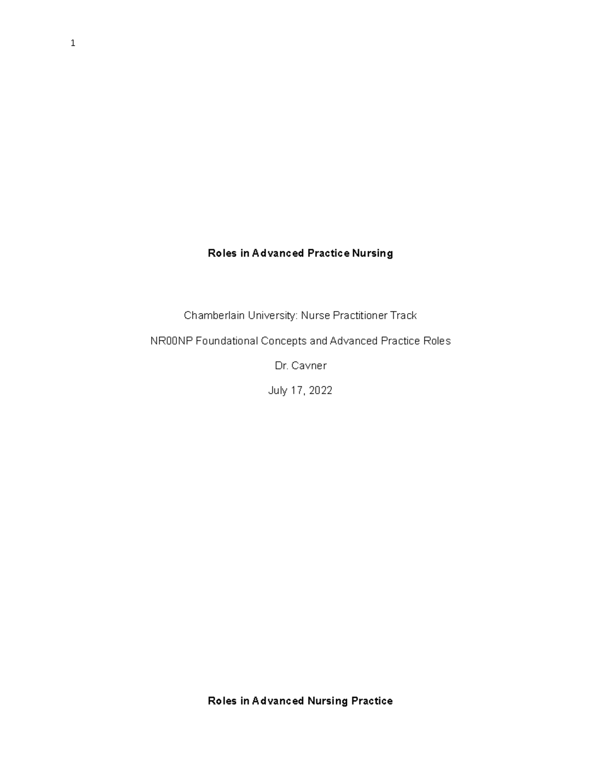 Week 2 Roles in Advanced Practice Nursing Paper - Roles in Advanced ...