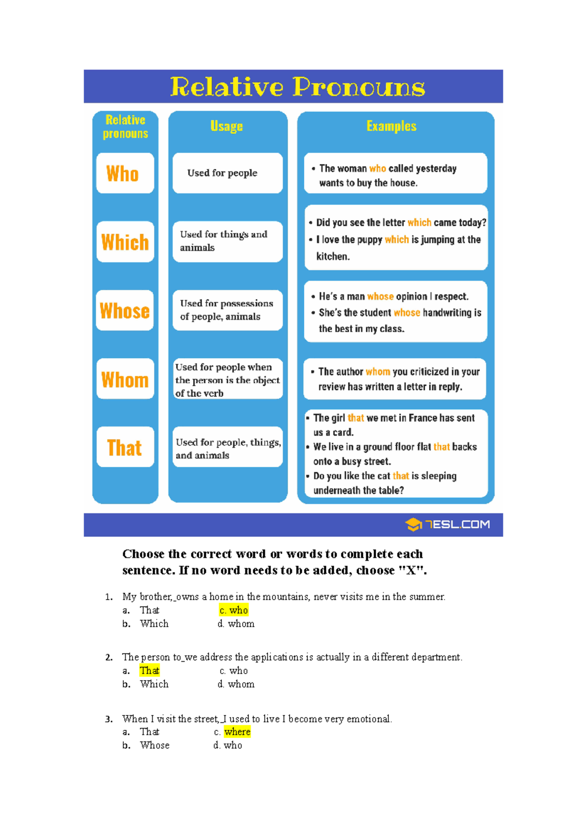 Relative Clauses Activity - Choose the correct word or words to ...