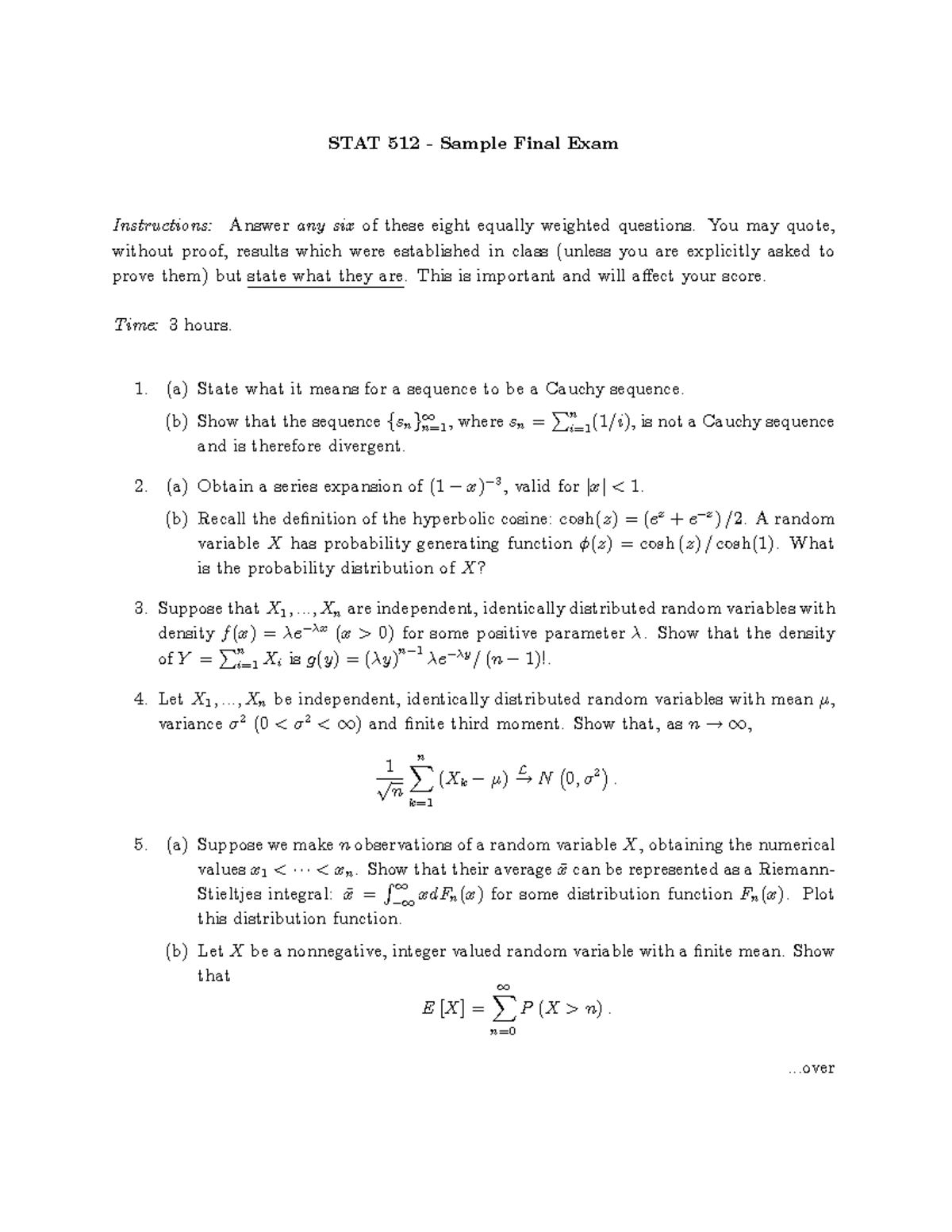 512sample Final - STAT 512 - Sample Final Exam Instructions: Answerany six of these eight ...