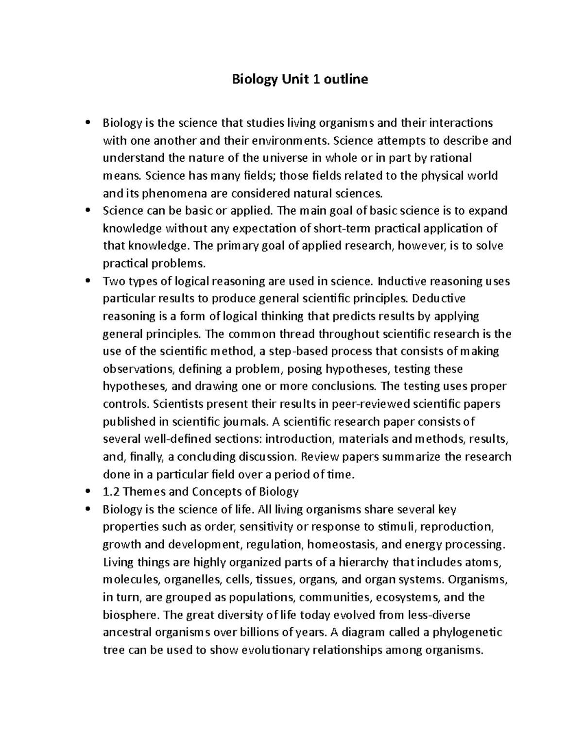 Biology Unit 1 outline - Biology Unit 1 outline Biology is the science ...