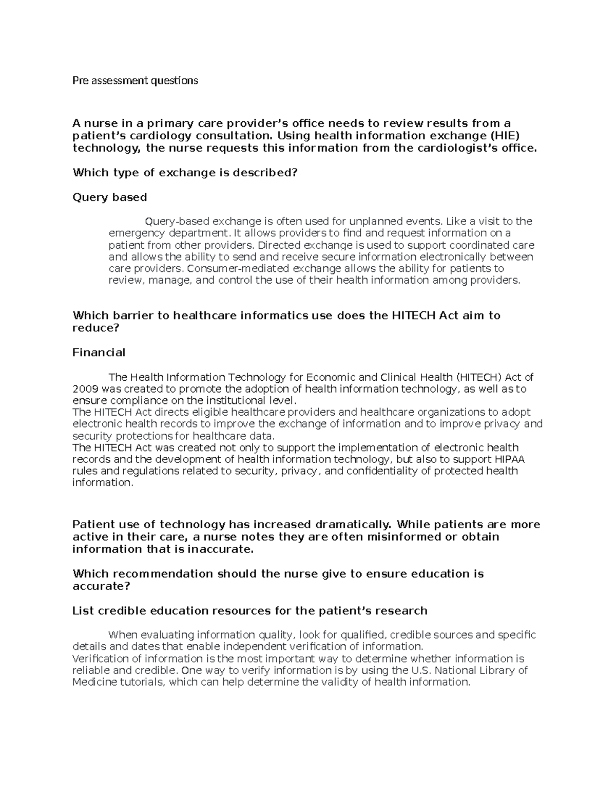 Pre assessment questions - Using health information exchange (HIE ...