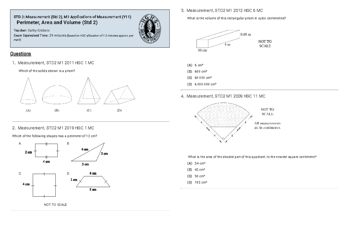 Measurement multiple choice questions - 1. Measurement, STD2 M1 2011 ...