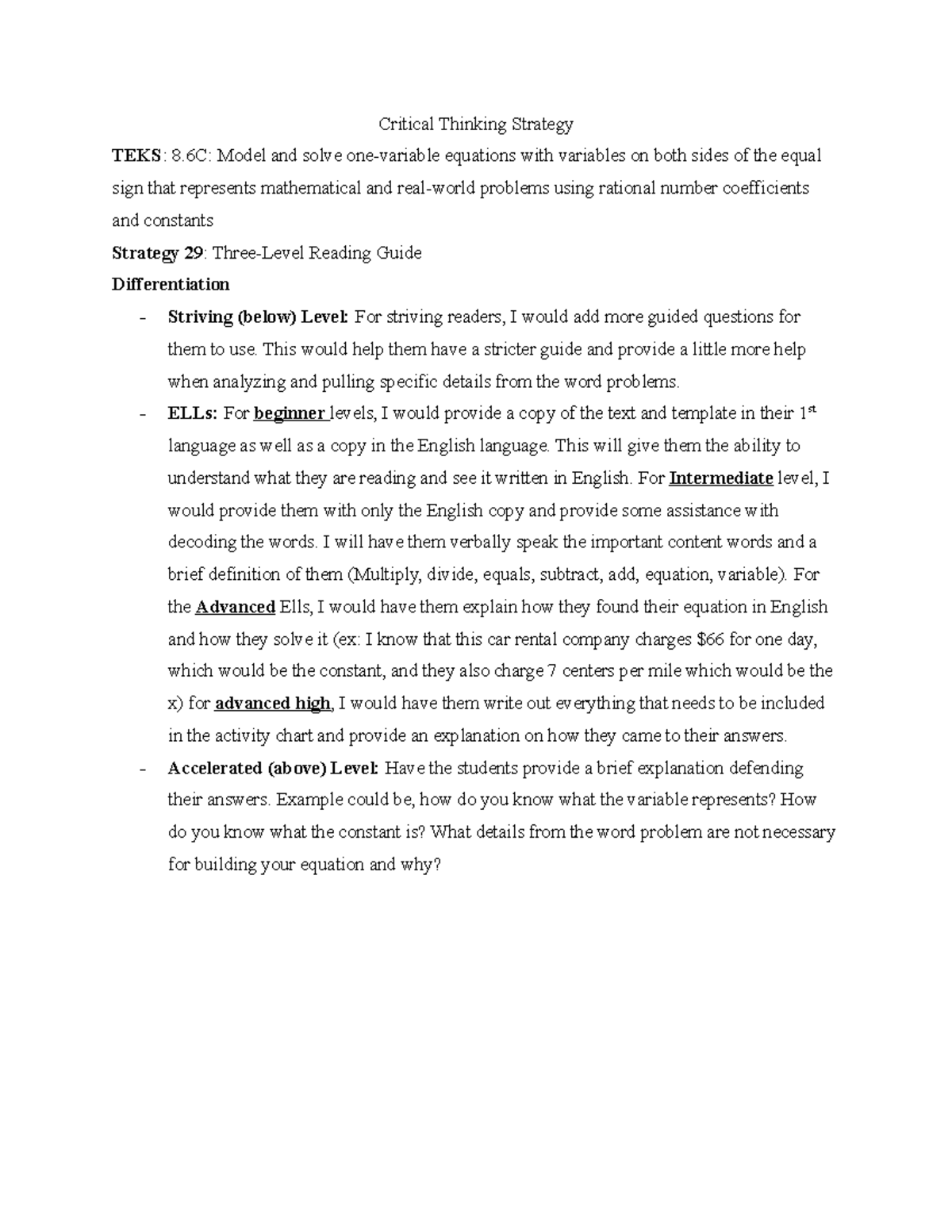 READ 3350 Critical Thinking Strategy - Critical Thinking Strategy TEKS ...