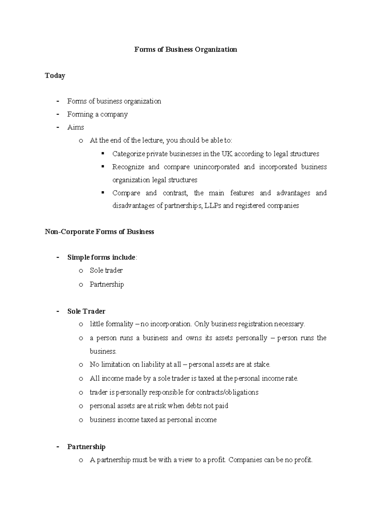 Forms of Business Organization - Forms of Business Organization Today ...
