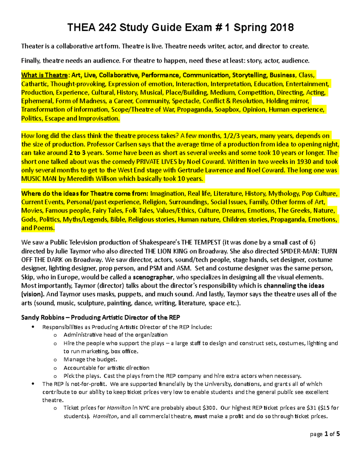 Theater exam1 study guide - THEA 242 Study Guide Exam 1 Spring 2018 ...