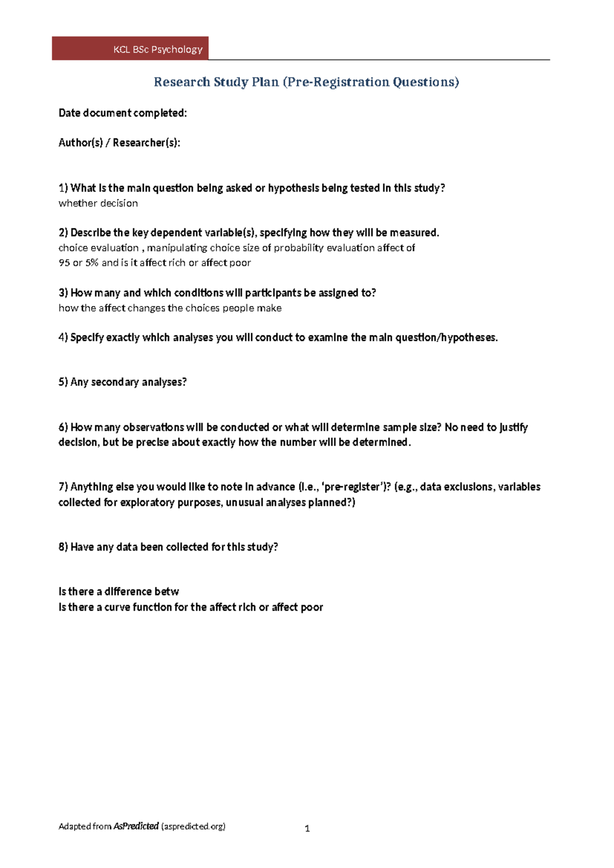A Research Study Plan (Pre-Reg Qns) KCL BSc Psychology - KCL BSc Psychology Research Study Plan ...