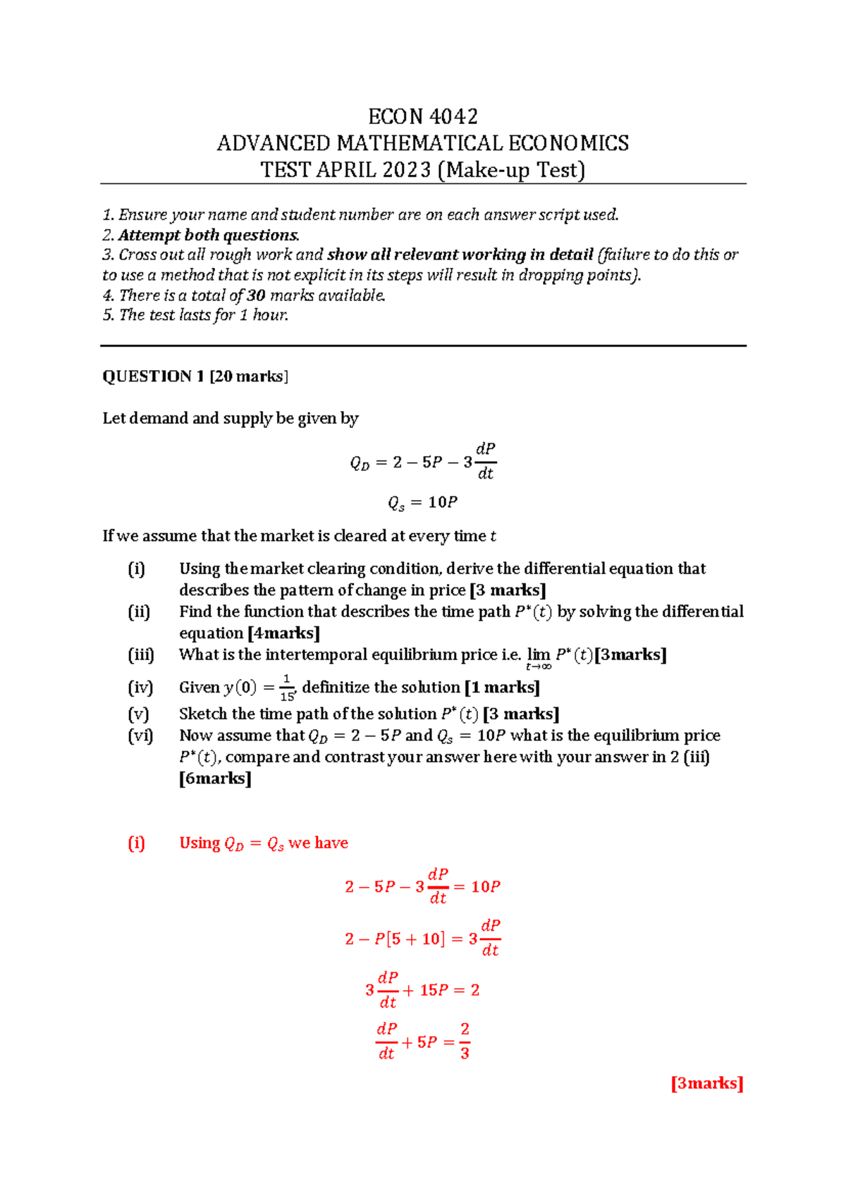 ECON 4042 Test 2 solutions 2023 - ECON 4042 ADVANCED MATHEMATICAL ...