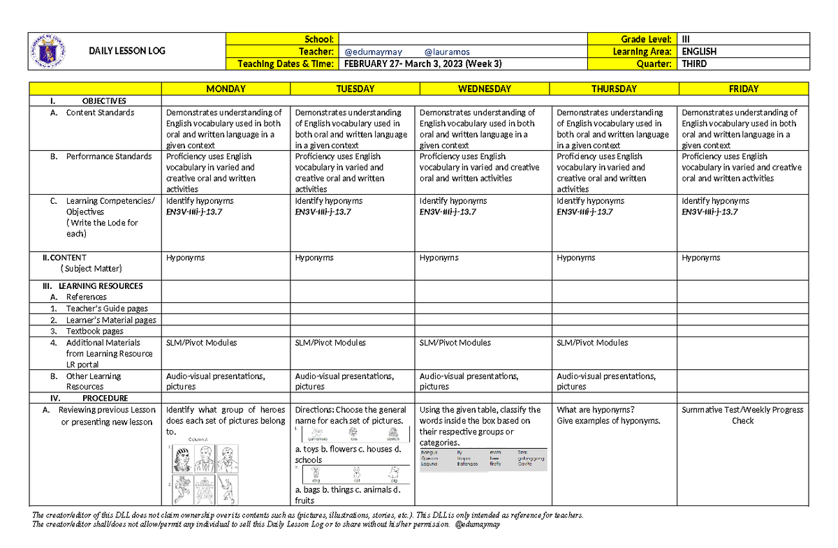 DLL English 3 Q3 C3 Hyponyms@edumaymay - DAILY LESSON LOG School: Grade ...