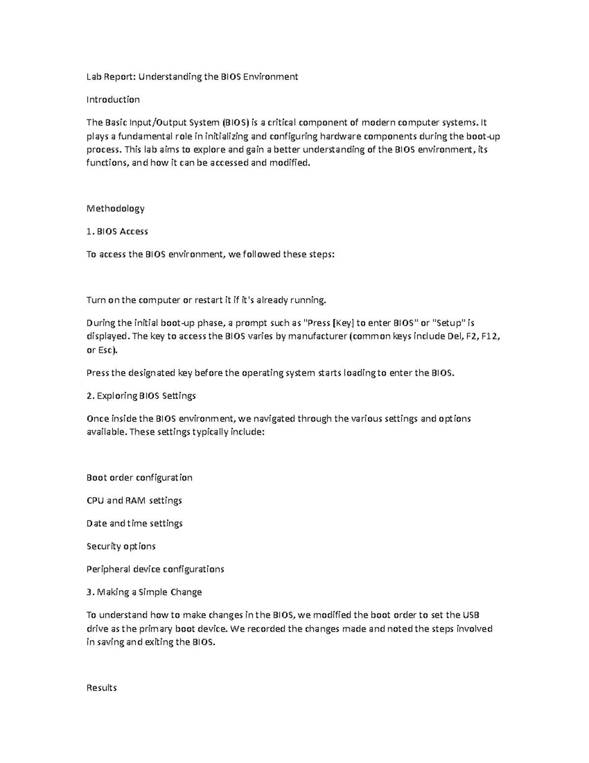 Lab Report Understanding the BIOS Environment - Lab Report ...