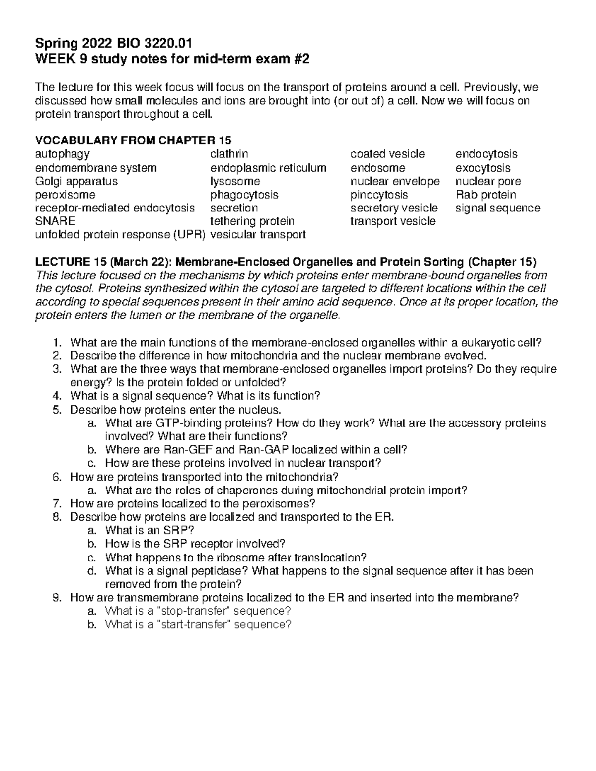 S22 BIO3220 wk9 - week 9 study guide notes - Spring 2022 BIO 3220. WEEK ...