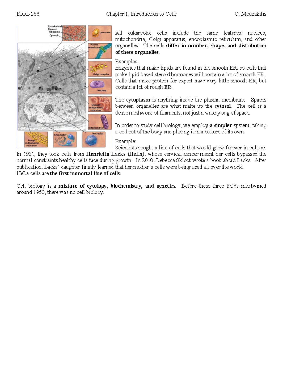 286 - Cell Biology Chapter 1 Outline - BIOL 286 Chapter 1: Introduction ...