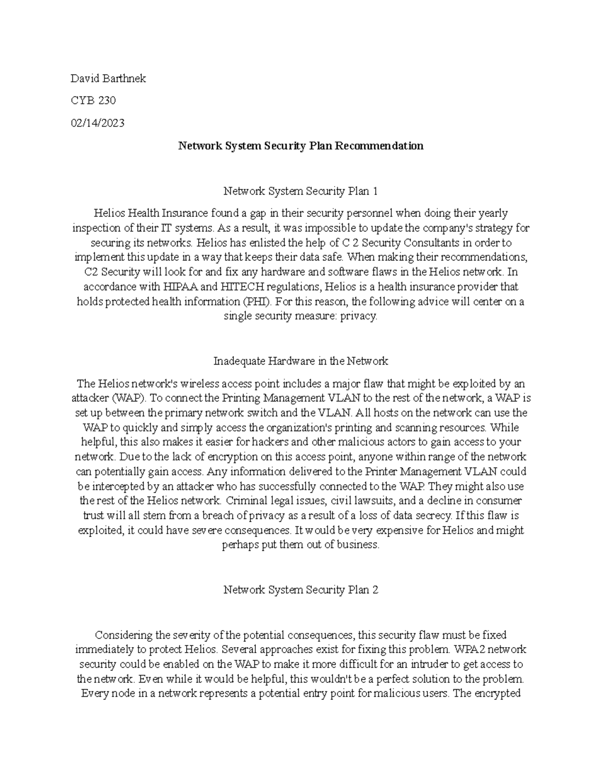 CYB 230 Project 7 DB - David Barthnek CYB 230 02/14/ Network System ...