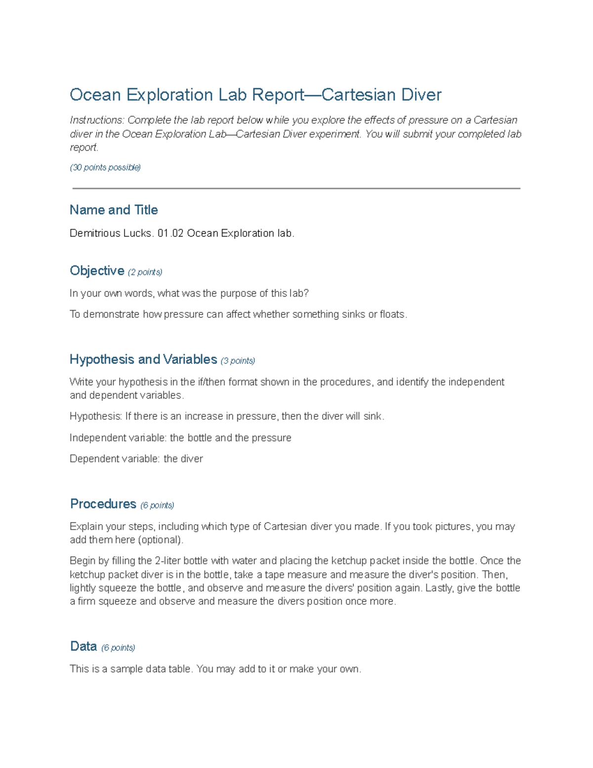 Ocean Exploration Lab Report—Cartesian Diver - Ocean Exploration Lab ...
