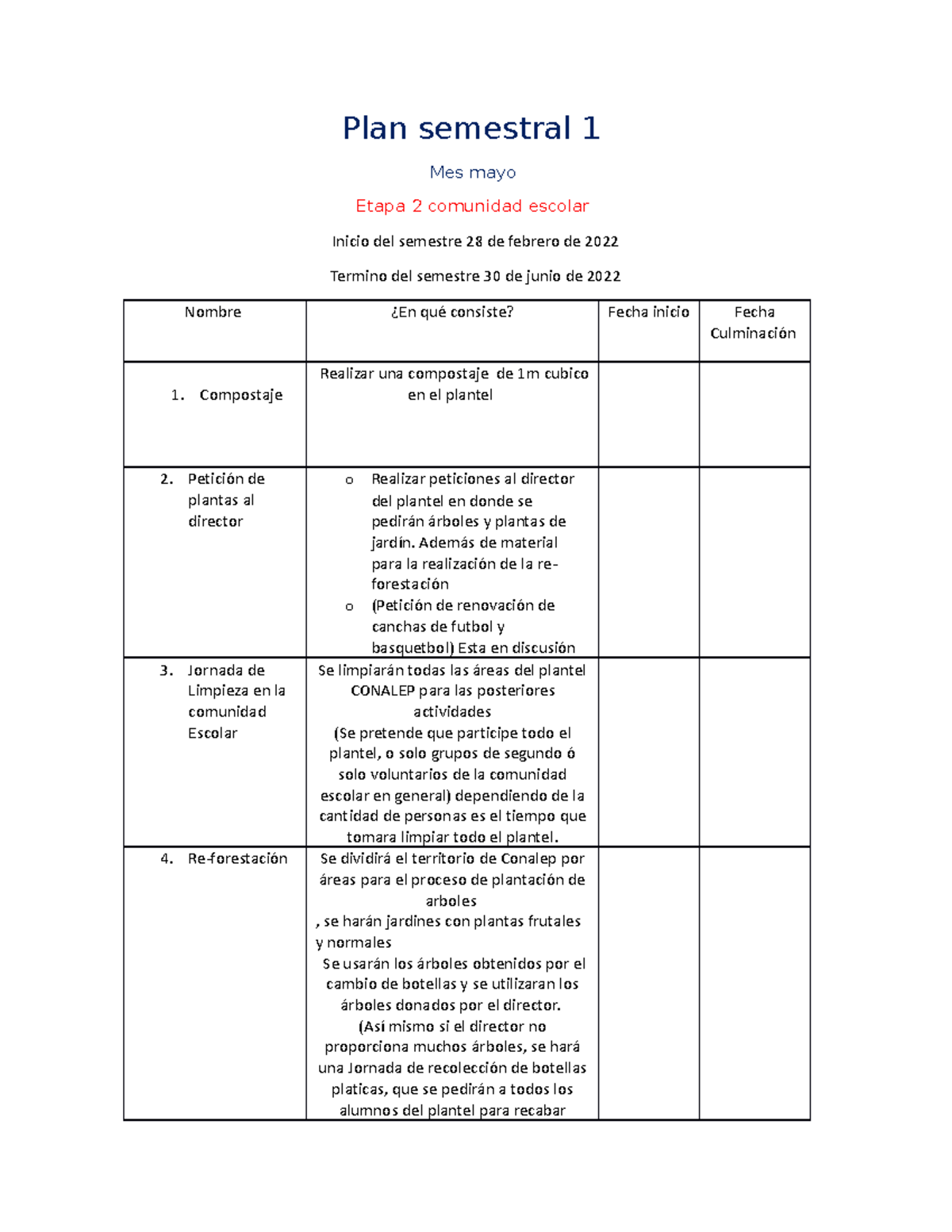 Plan semestral - Reportes y avances - Plan semestral 1 Mes mayo Etapa 2 ...