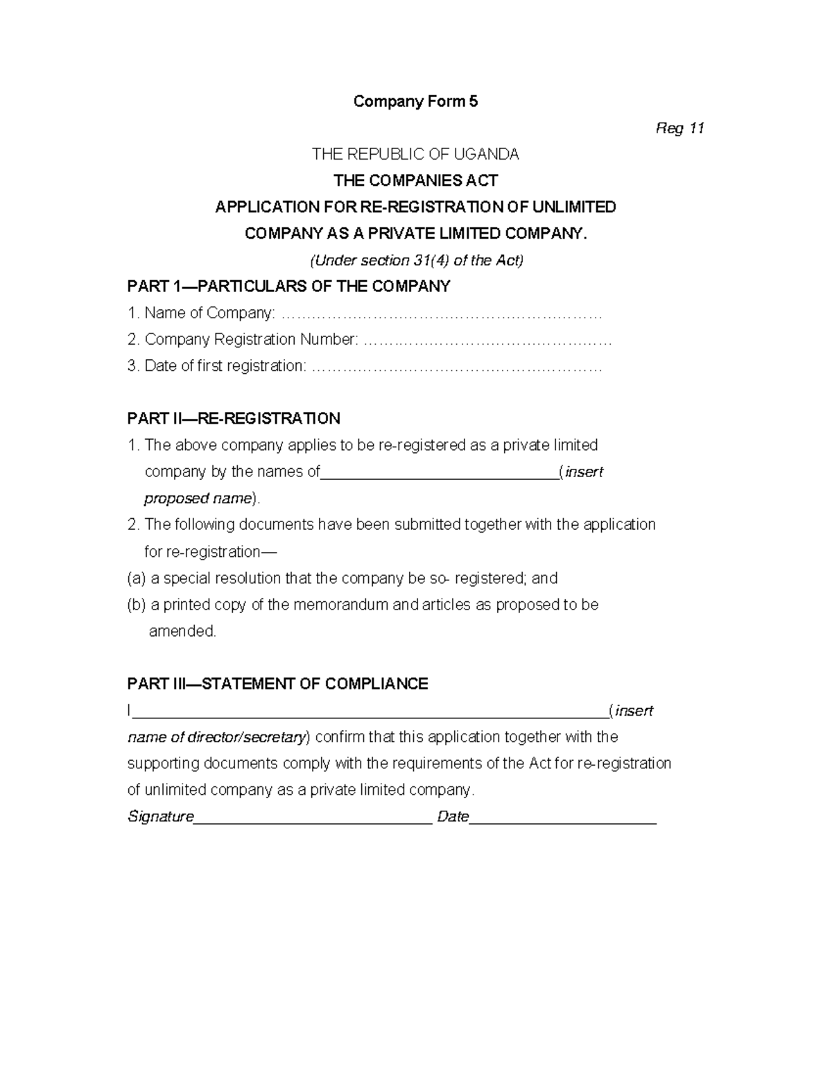 Application for re registration of an unlimited company as a private ...