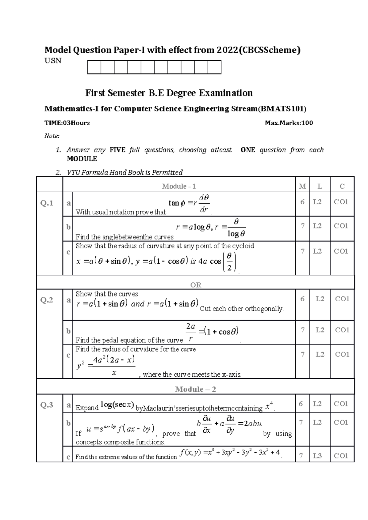 Model Question Paper 1 CSE - Model Question Paper-I with effect from 2022(CBCSScheme) USN First ...
