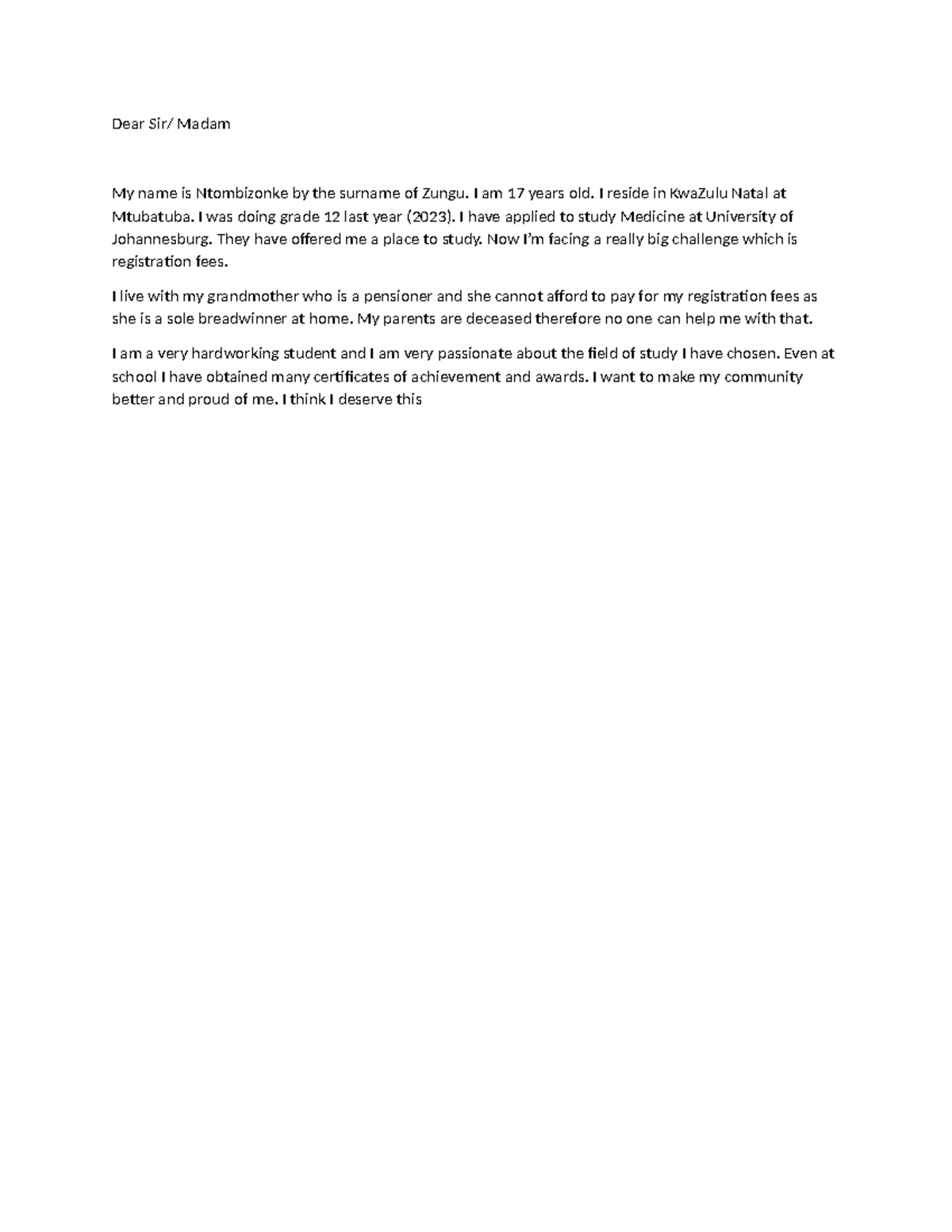 Document (10) - Dear Sir/ Madam My name is Ntombizonke by the surname ...