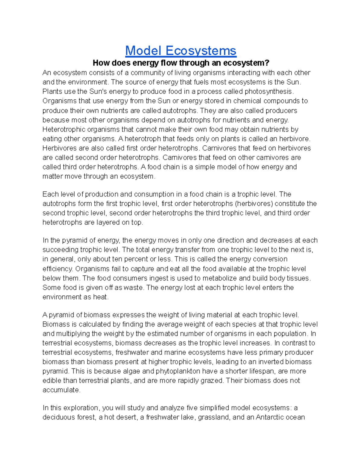 Copy of Model Ecosystems - Model Ecosystems How does energy flow ...