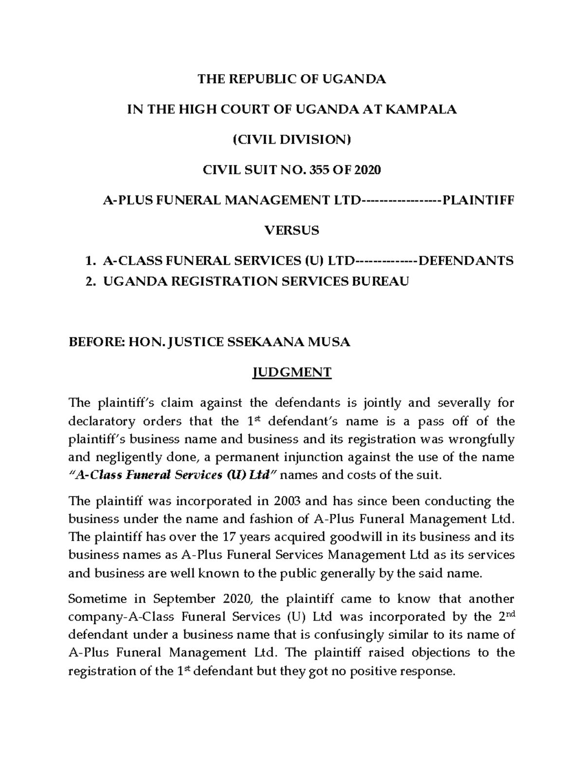 Judgment A-Plus Funeral Management Ltd v A-Class Funeral Services (u ...