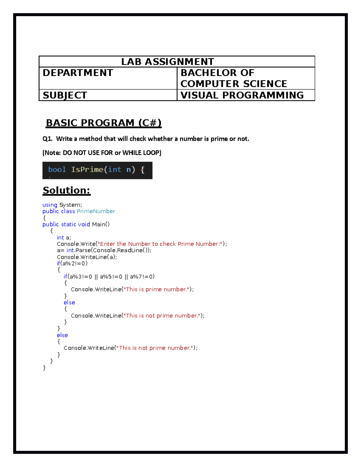 Vp 01 {Programming Question} - LAB ASSIGNMENT DEPARTMENT BACHELOR OF COMPUTER SCIENCE SUBJECT ...