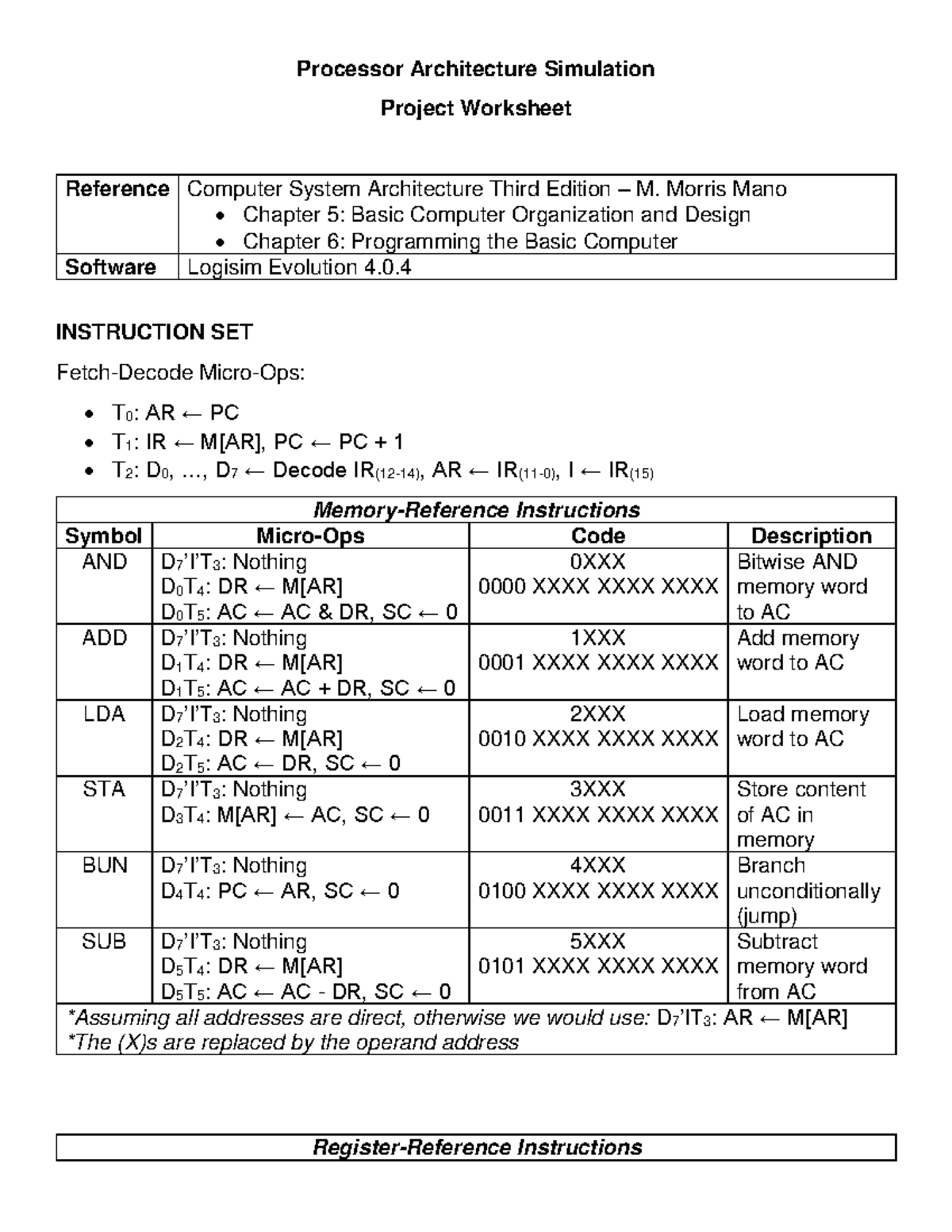 Project Worksheet - Processor Architecture Simulation Project Worksheet ...