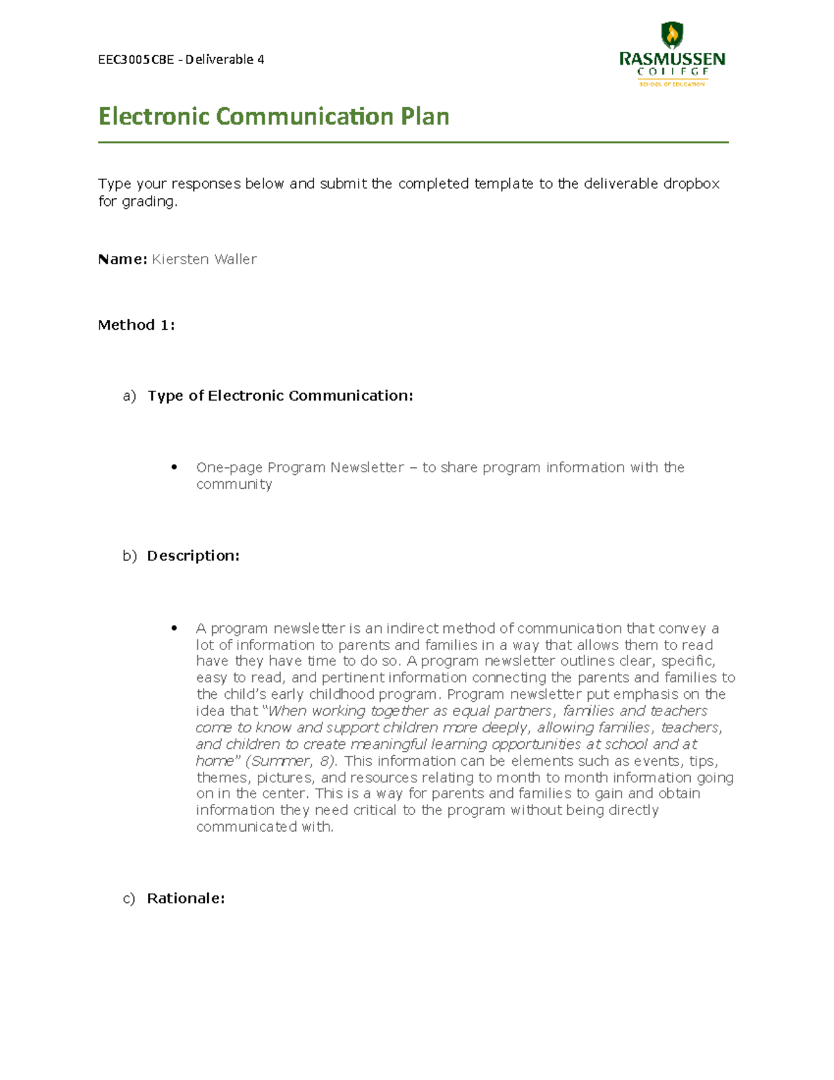 Deliverable 04 in CBE - Electronic Communication Plan Type your ...