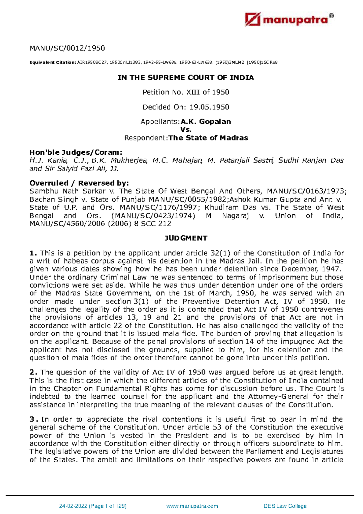 AK Gopalan vs The State of Madras 19051950 SCs500012 COM543550 - MANU ...
