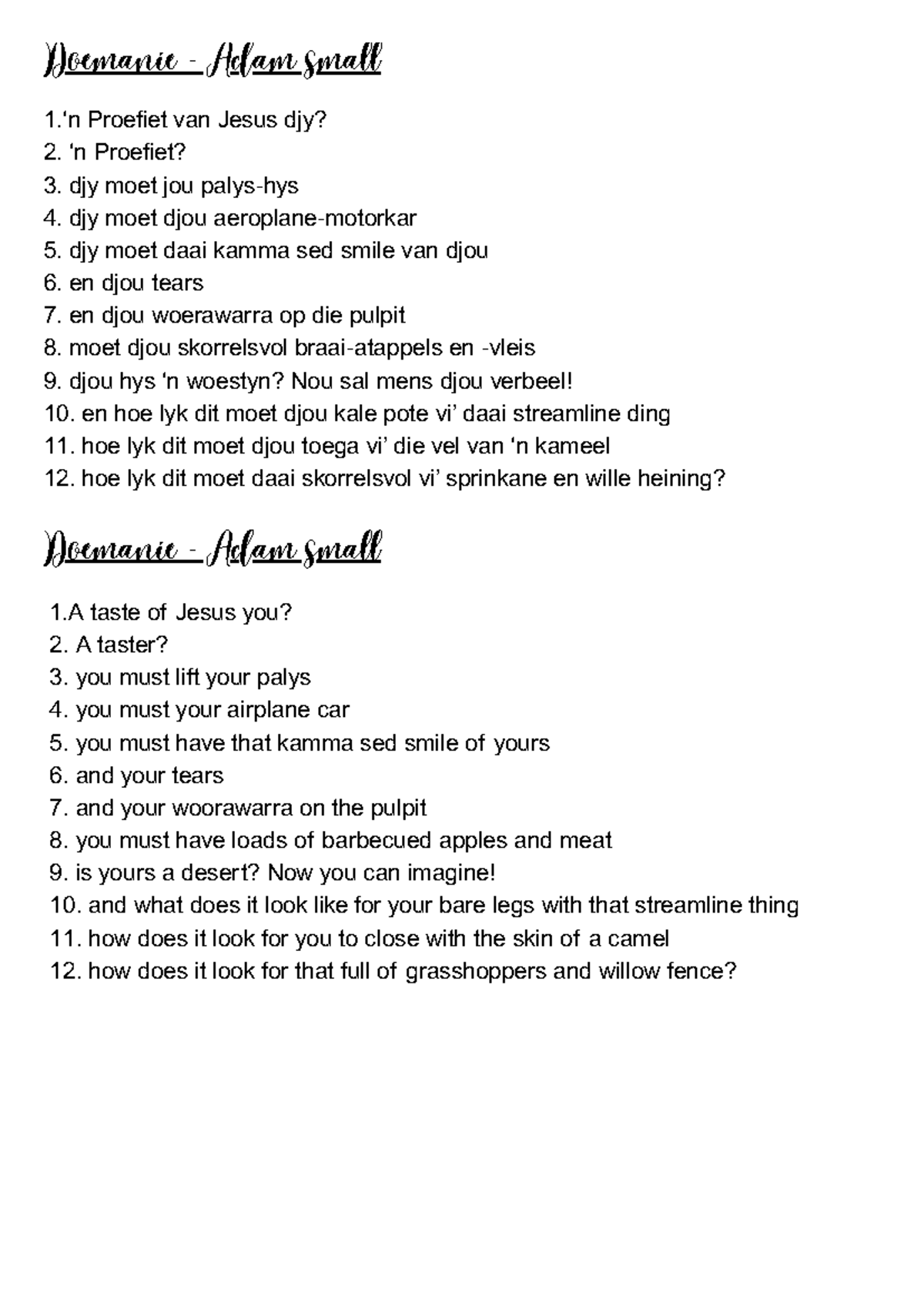 Doemanie - Adam small - poem - Doemanie - Adam small 1.‘n Proefiet van ...