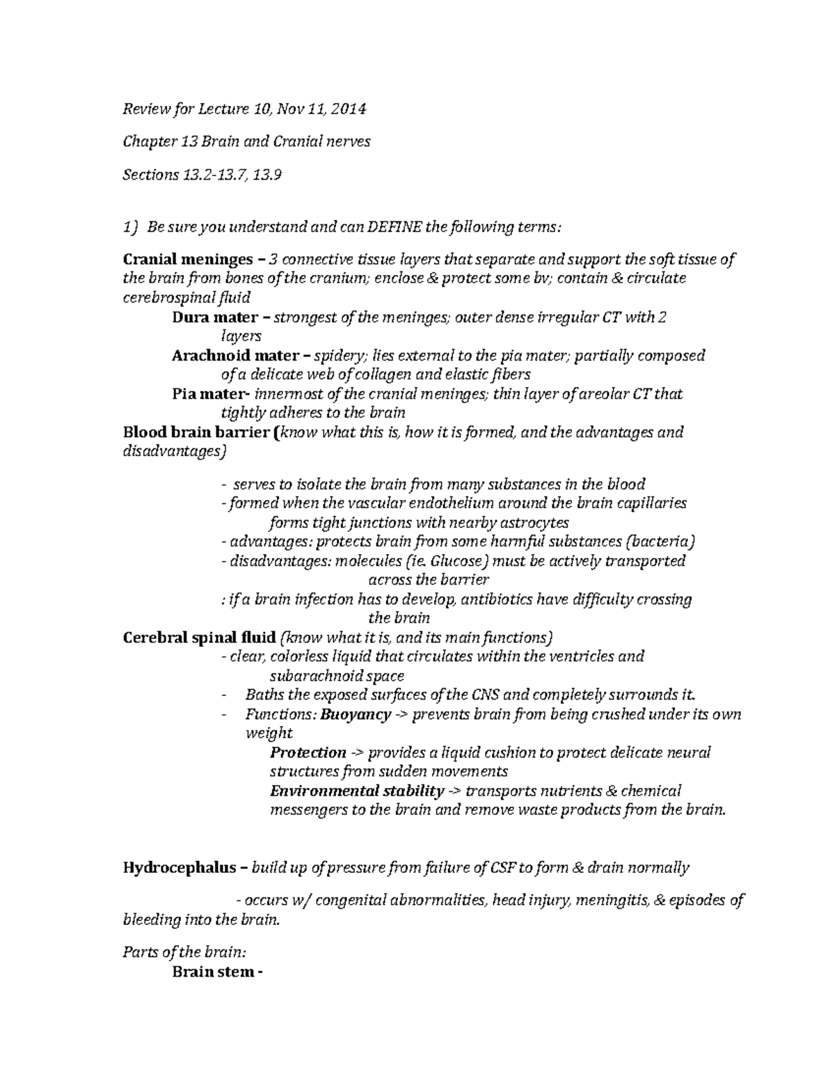 Lecture 10 terms - Chapter 13 Brain and Cranial nerves Sections 13.2-13 ...