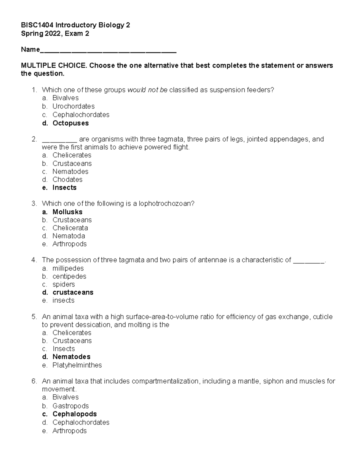 Intro Bio 1404 Exam 2 BE Ans - BISC1404 Introductory Biology 2 Spring ...