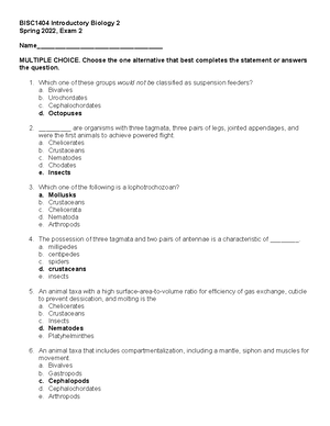 Intro Bio 1404 Exam 2 BE - Past exam - BISC1404 Introductory Biology 2 ...