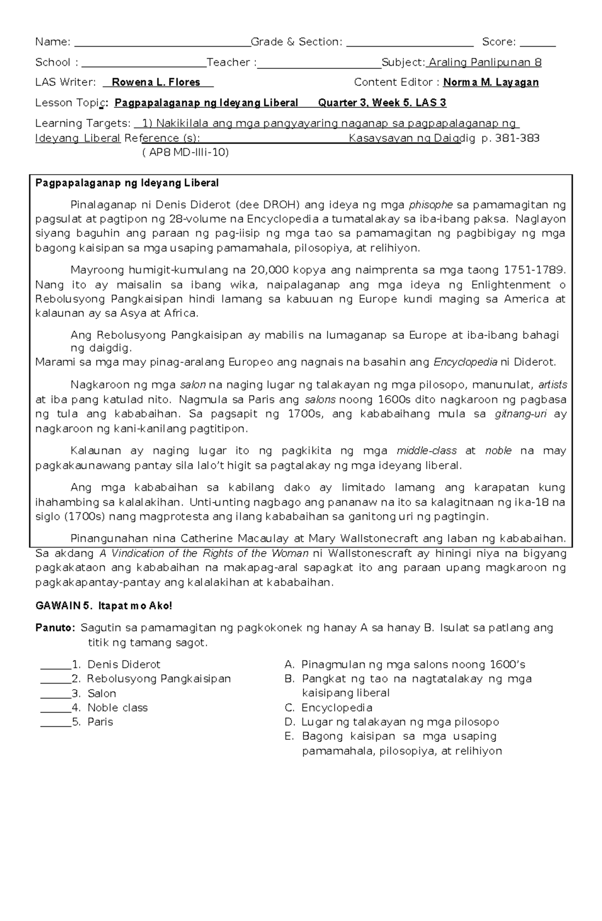 AP 8 Quarter 3 Week 5 LAS 3 - Name: Grade & Section: Score: School ...