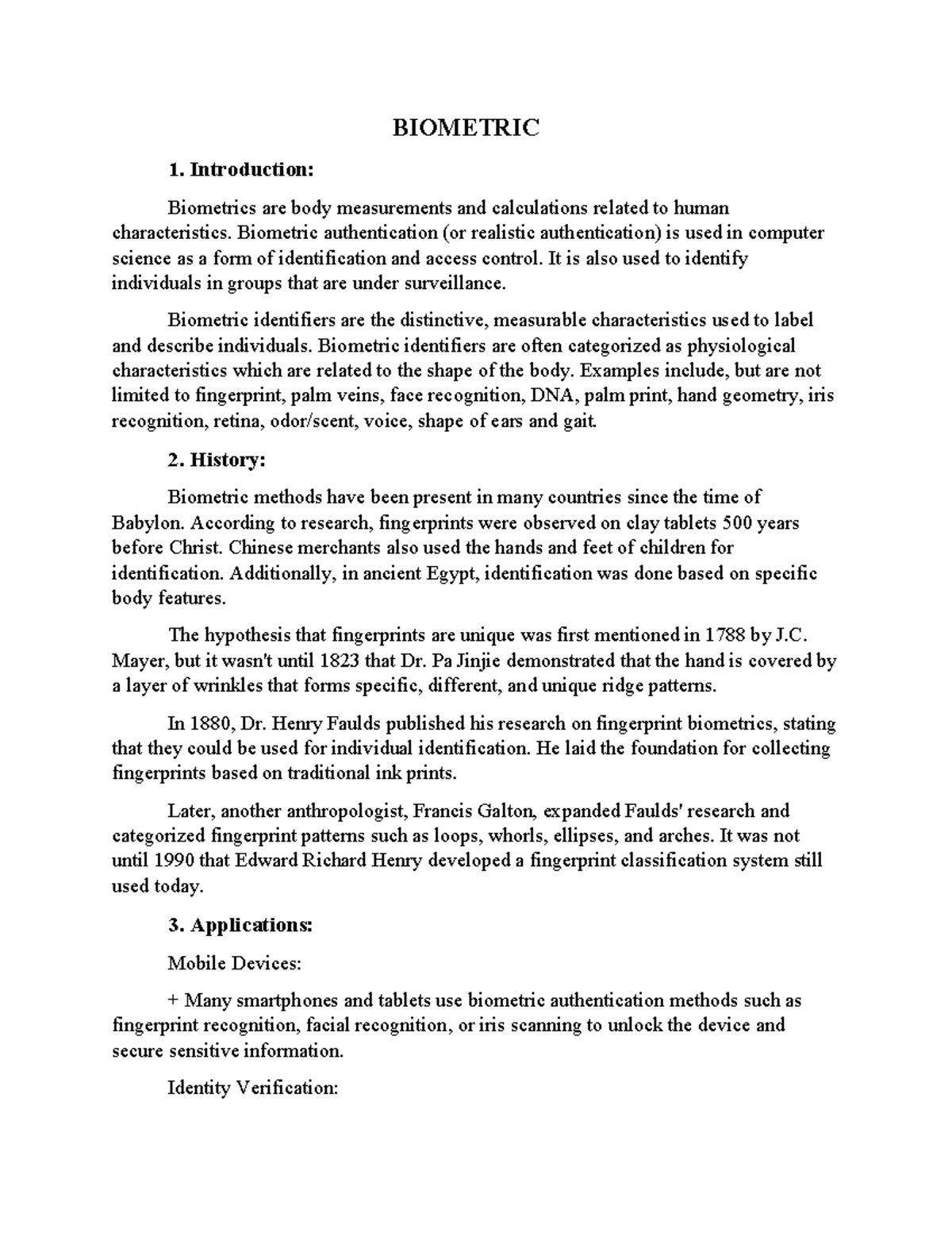 Biometric - ádas - BIOMETRIC 1. Introduction: Biometrics are body measurements and calculations ...