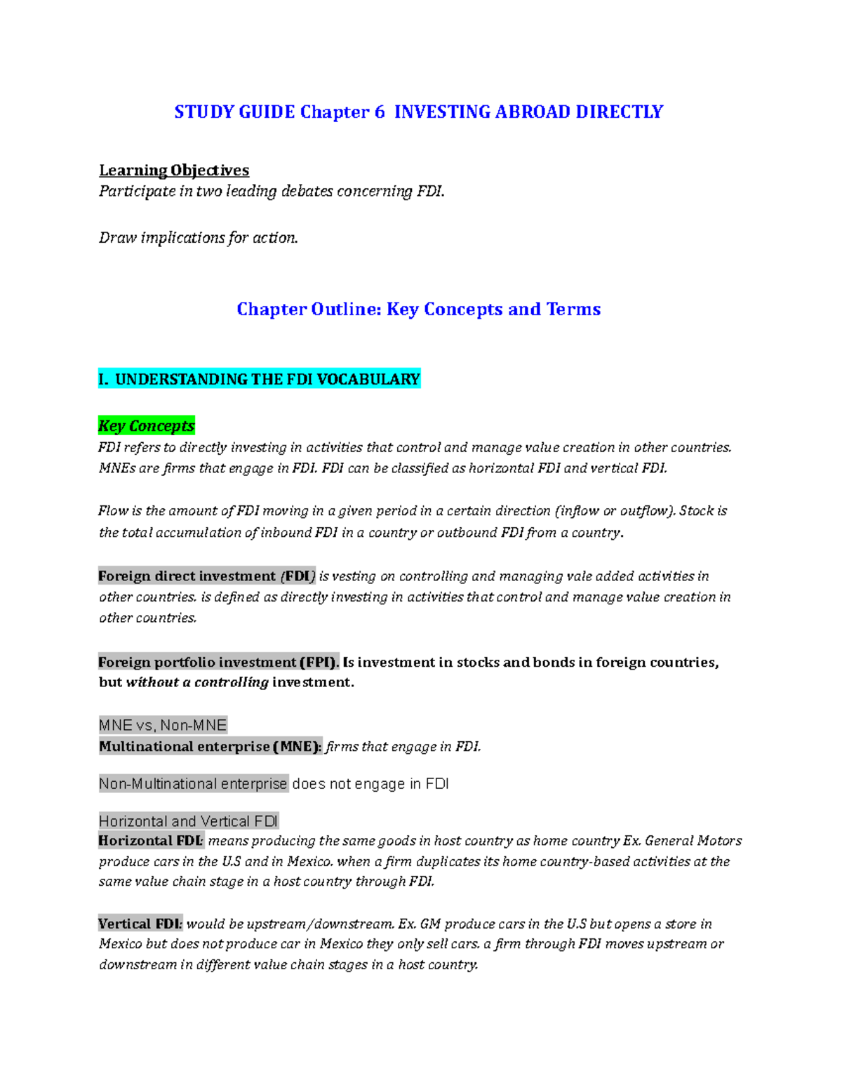 Chapter 6 Study Guide - STUDY GUIDE Chapter 6 INVESTING ABROAD DIRECTLY ...